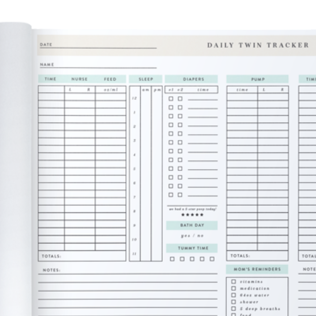 Daily Twin Baby Log Feed Tracker Notepad 8.5x11" by The Everyday Mother